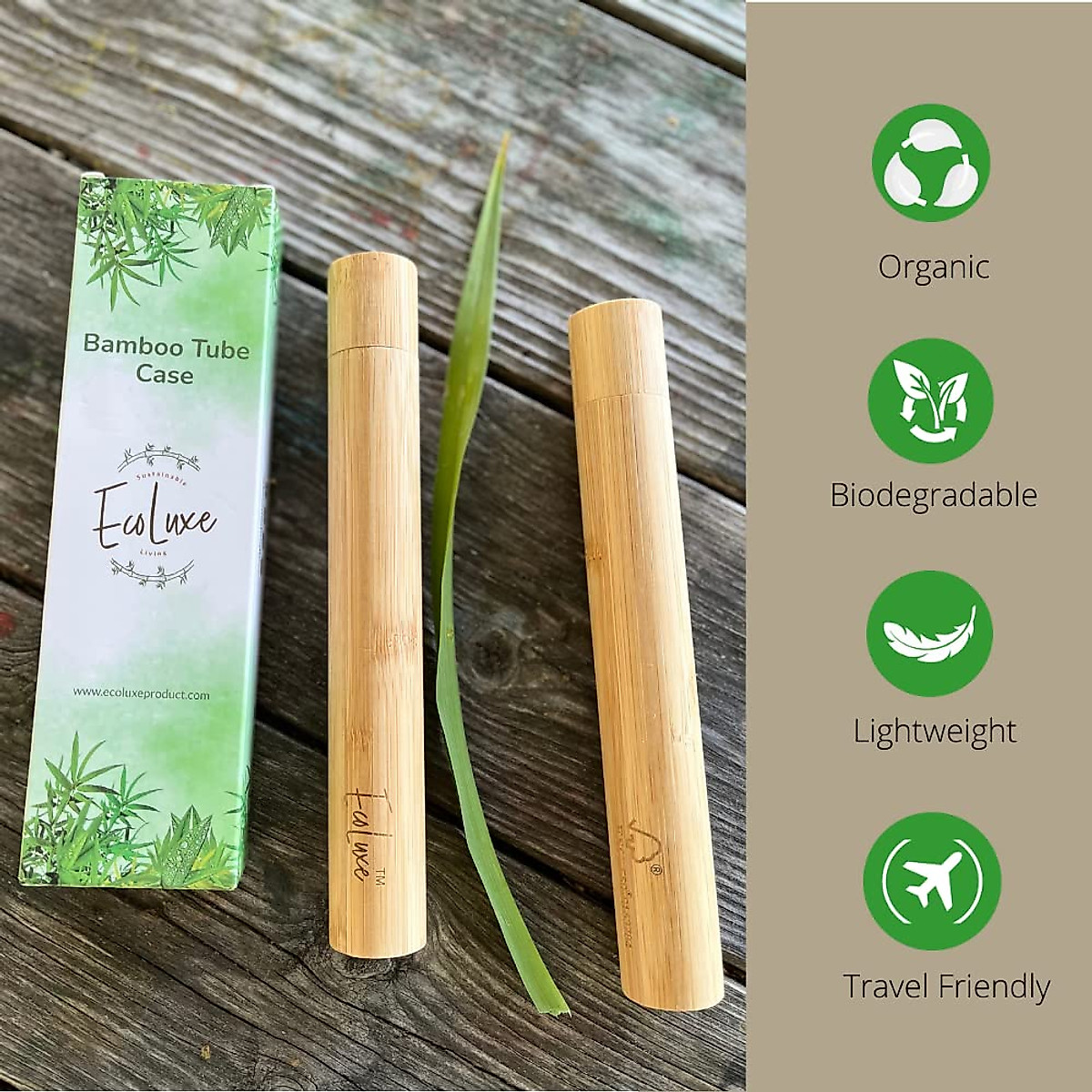 EcoLuxe Natural Sustainable Bamboo Travel Case Tubes for Toothbrush, Paintbrush, Pens, Tea Canister 2 Packs
