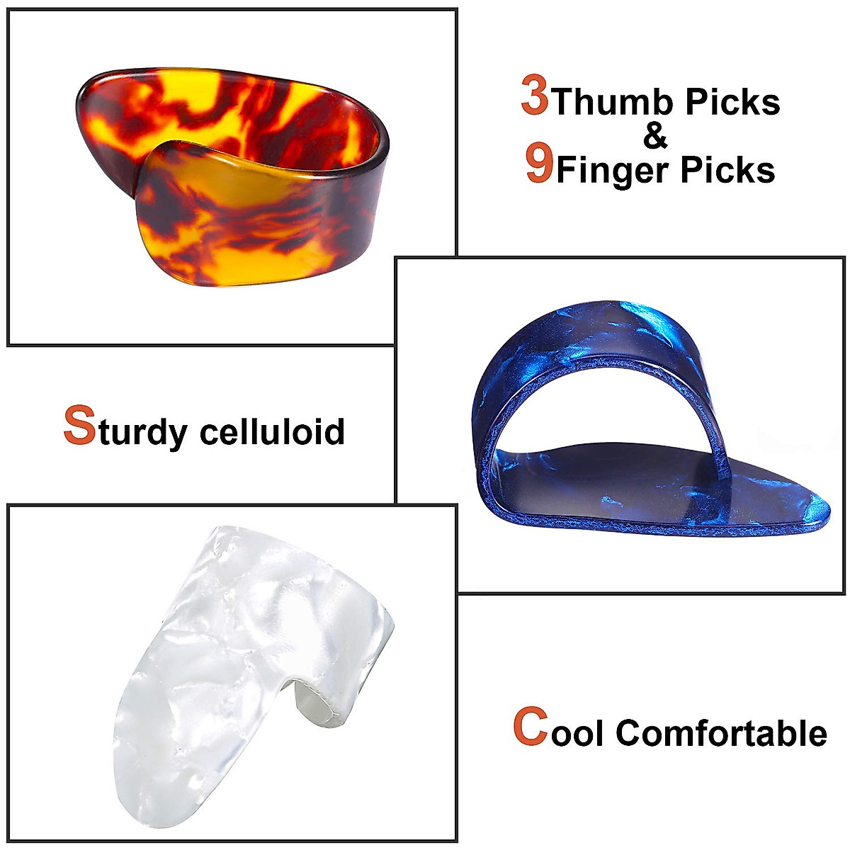 Thumb Picks Finger Picks, Medium, Flat Thumbpicks, Celluloid Guitar Thumb Finger Picks with Storage Box Case (12 Pieces, Thumb Finger Picks)