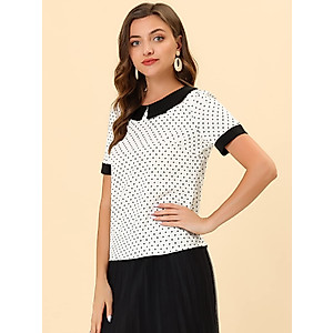 Allegra K Women's Peter Pan Collar Shirt Vintage 1950s Polka Dots Blouse Medium White