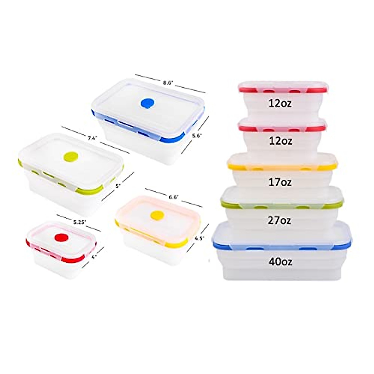 ECOBERI Collapsible Food Storage Containers, Airtight Snap-Top Lids, Microwave, Dishwasher Safe, BPA Free Silicone, Set of 5