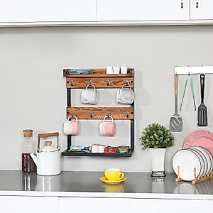 X-cosrack Countertop Coffee Mug Holder Rack 2 Tier Wall Mount Coffee Cup Holder Stand with 8 Hooks and Storage Shelf,Display Organizer Rack for Home Kitchen, Rustic Brown