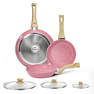 Nonstick Frying Pan Set with Lid, 8" 9.5" and 11" Non stick Frying Pan Set, Pink Pan Frying Pan Skillet Set Omelette Pan Healthy Stone Cookware, PFOA Free, Anti-Warp Base with All Stove Tops Available