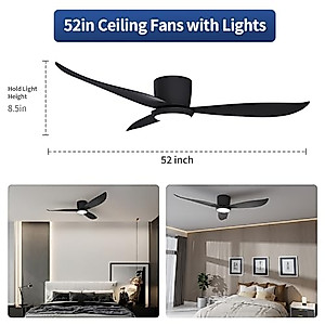Low Profile Ceiling Fan Light,52In Flush Mount Ceiling Fan Lights Remote Control with 3 Reversible Blades,18W 3CCT LED Light 6 Speed DC Motor Ceiling Fan For Bedroom/Farmhouse/Patios/Living Room Black