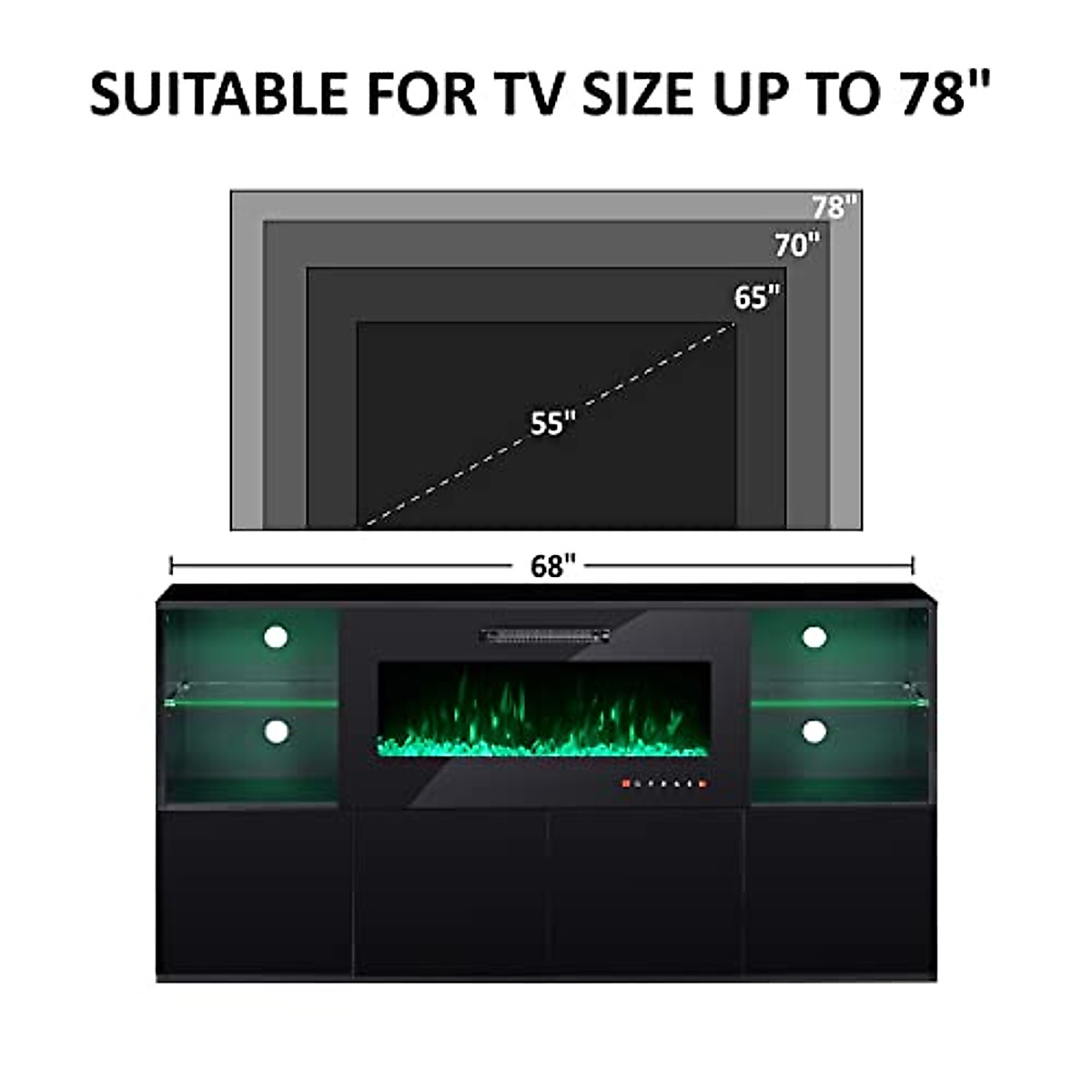 Amerlife 68" TV Stand with 40" Electric Fireplace, Modern High Gloss Media Entertainment Center with LED Lights for TVs up to 78", TV Console Cabinet with Glass Shelves Lower Storage, Black
