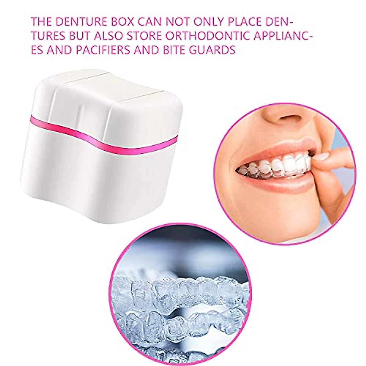 Denture Bath Cases with Denture Cleaner Brushes Denture Cups Denture Boxes Bath Dentures Container with Basket Denture Holder Denture Brush Retainer Case for Travel Retainer Cleaning (Pink)
