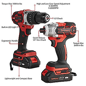Behappy Cordless Drill Combo Kit, 1000ln-lbs Drill Driver and 2600In-lbs Impact Driver 21V, Brushless Power Tool Kit with 2 Lithium-Ion Batteries, 1Charger