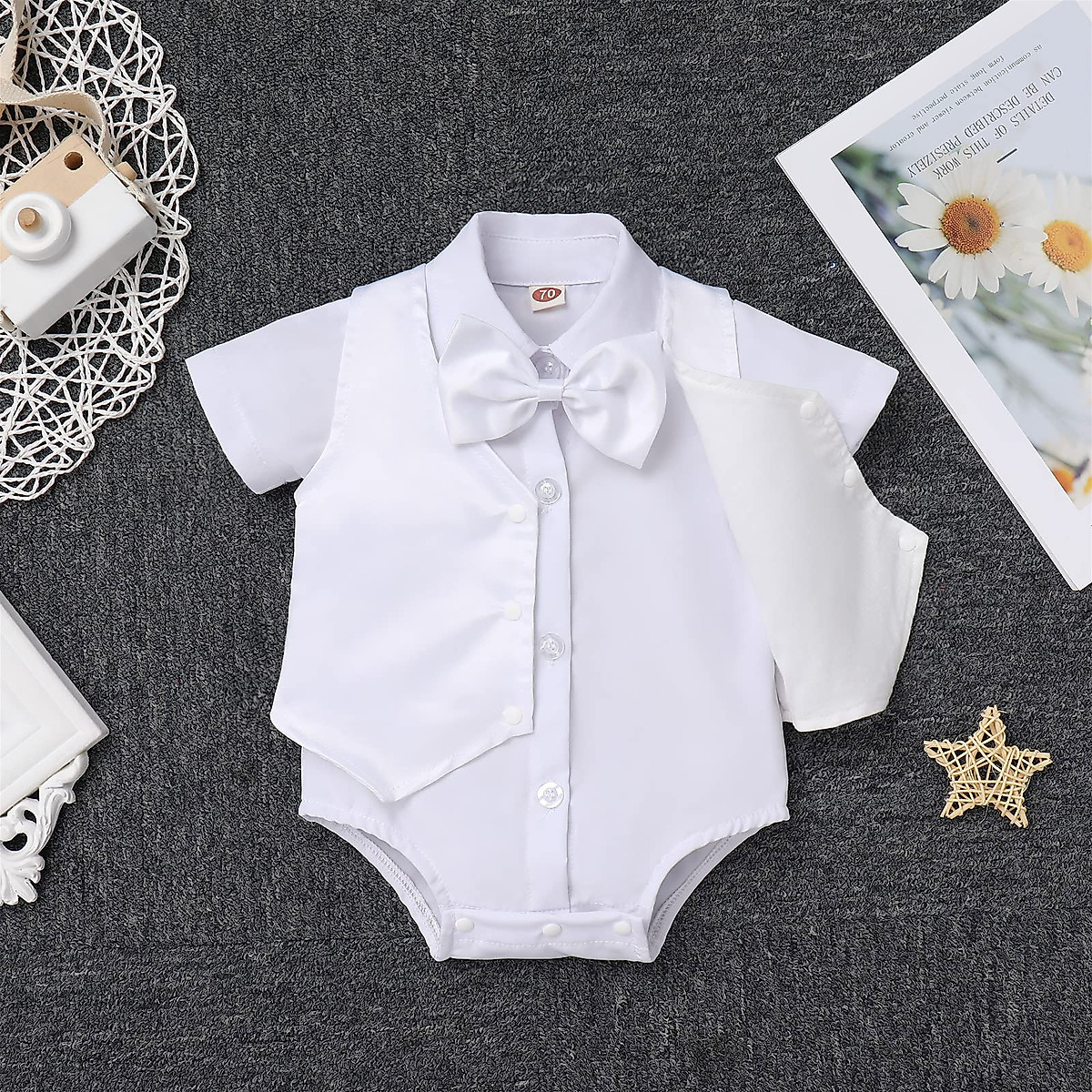 Summer Baptism Outfits for Boys Baby Christening Outfit Gentleman Suit Dedication White Dress Shirt Romper Bowtie Waistcoat Vest Shorts Newborn Baptismal Outfit Wedding Tuxedo Formal Easter 0-6 Months