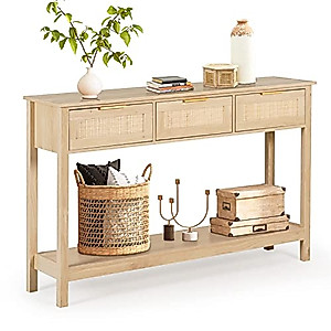 LAZZO Rattan Console Table Boho Entryway Table Narrow Long Sofa Table Hallway Foyer Table Behind Couch Table with 3 Drawers and Open Storage Shelf for Living Room and Corridor Natural Wood