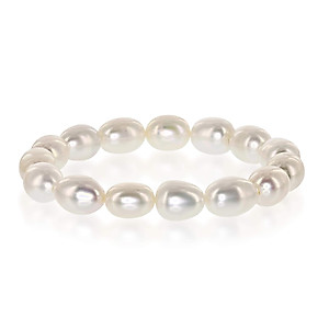 9.5mm-11mm AAAA White Semi-Baroque Oval Freshwater Cultured Pearl Bride & Bridesmaid Stretch Strand Bracelet - 8"