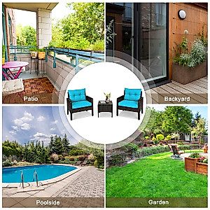 RELAX4LIFE 3-Piece Patio Furniture Set, PE Rattan Wicker Outdoor Conversation Set w/Glass Top Coffee Table & Thick Cushions for Deck Porch Balcony Garden, Bistro Table and Chairs Set of 2 (Turquoise)
