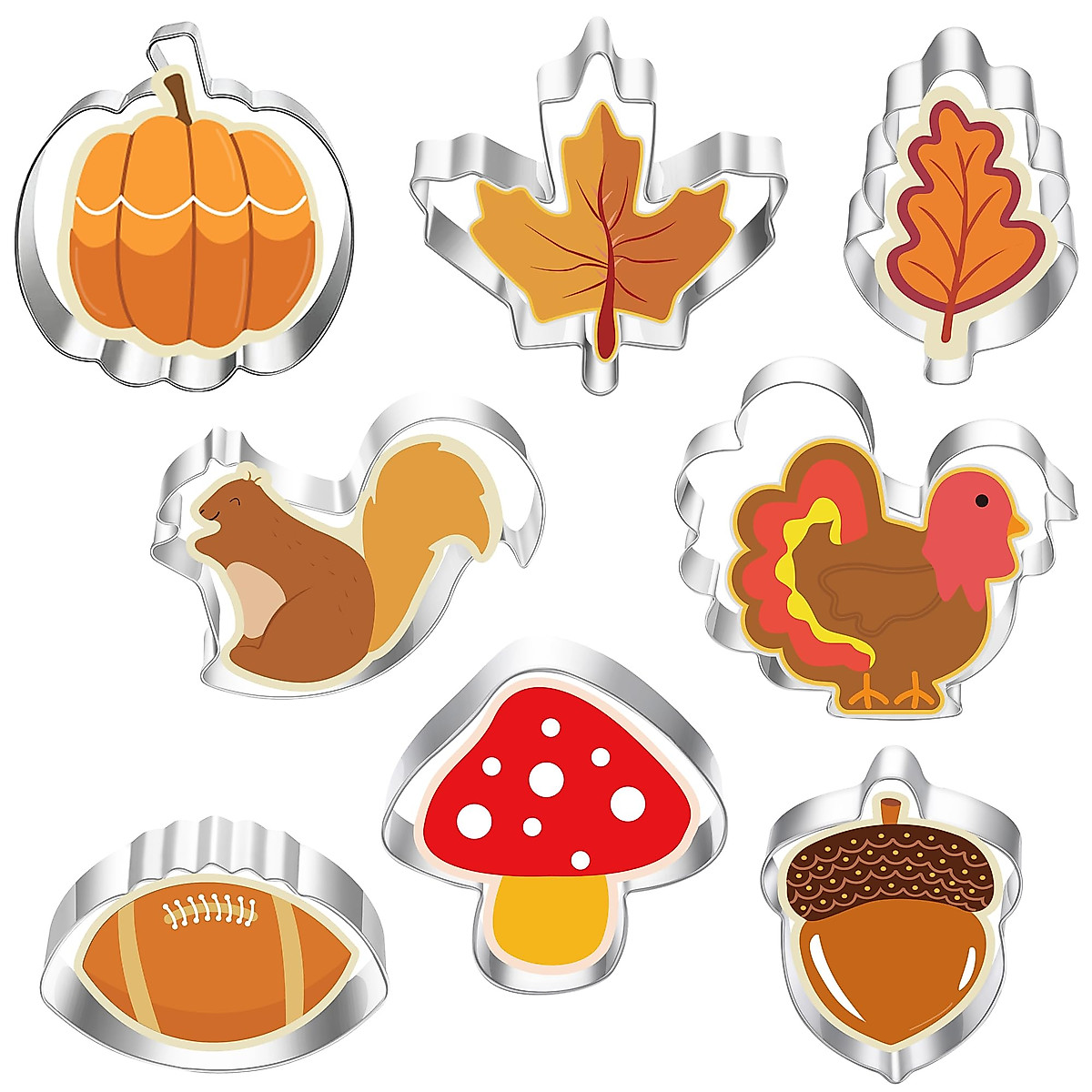 8-Piece Fall Cookie Cutter Set - Pumpkin, Maple Leaf, Football, Turkey, and More - Stainless Steel Baking and DIY Crafting Kit for Thanksgiving, Autumn Decor, and Festive Treats