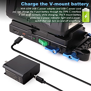 KOERTACOO V-Mount Lock Battery Plate Power Supply Splitter Adapter with V Mount Battery Charging Function + BMPCC 4K/6K USB-C PD Coiled Power Cable for Black Magic Pocket Cinema Camera.