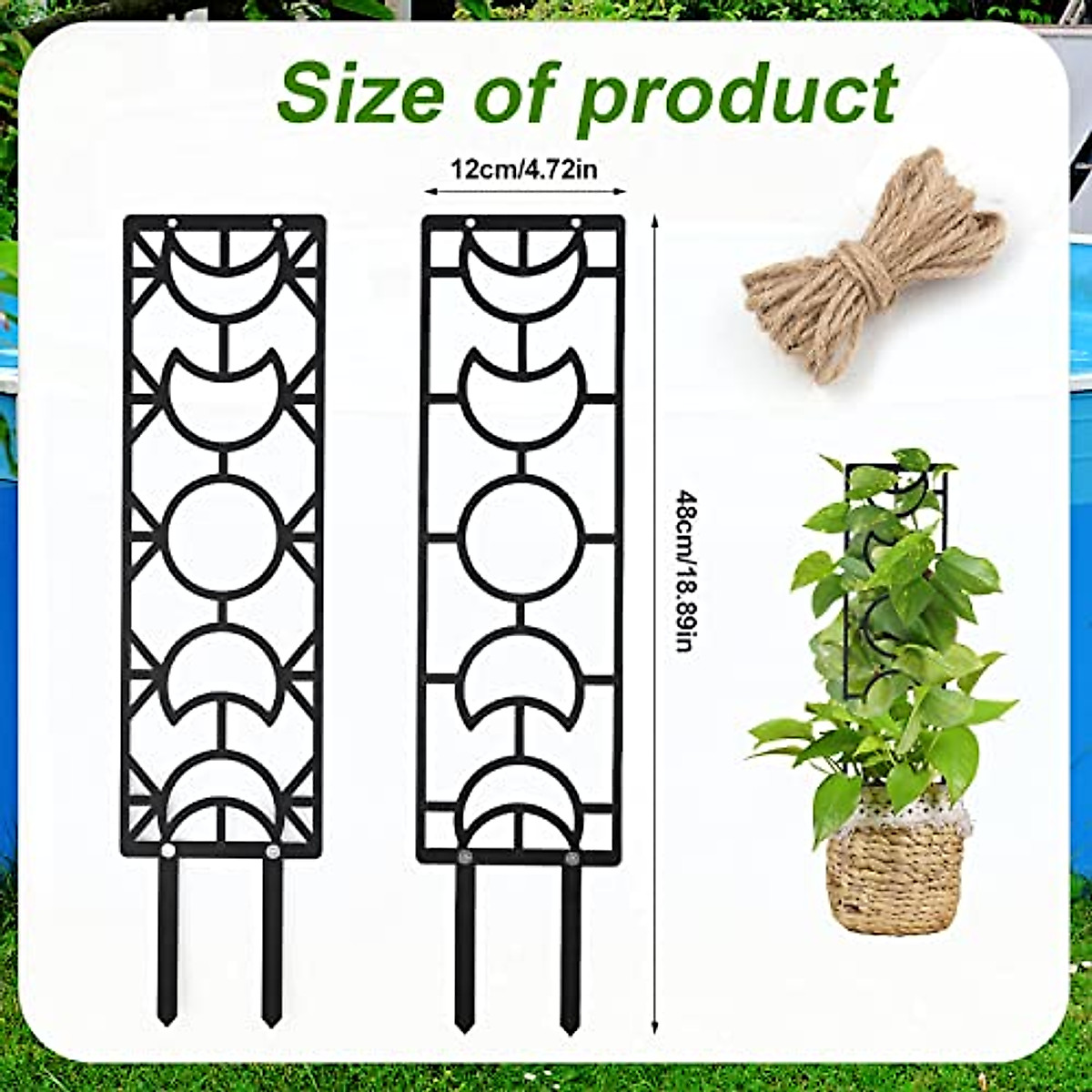 2pcs Metal Plant Trellis for Climbing Support, 19inch Indoor Houseplant Trellis Flower Potted Plants Moon Phase Small Garden Trellis with Moisture-Proof Layer for Pot Plant Vine Monstera (Black)