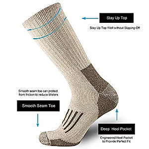 ONKE Merino Wool Cushion Crew Socks for Men Outdoor Hiking All Seasons Work Boot Heavy Thick Thermal Moisture Wicking Control(Brown L)