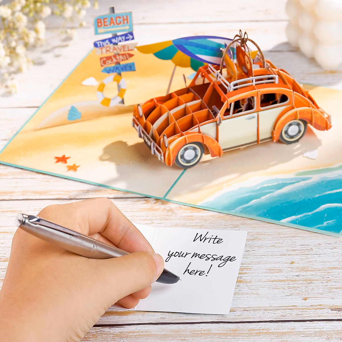 POPWOW Car Pop Up Card, Beetle Bug, New Adventure, Road Trip, Vacation 3D Travel Card for Birthday, Graduation, Congratulations, Retirement, Work Anniversary, Farewell, Goodbye, Bon Voyage, 5x7