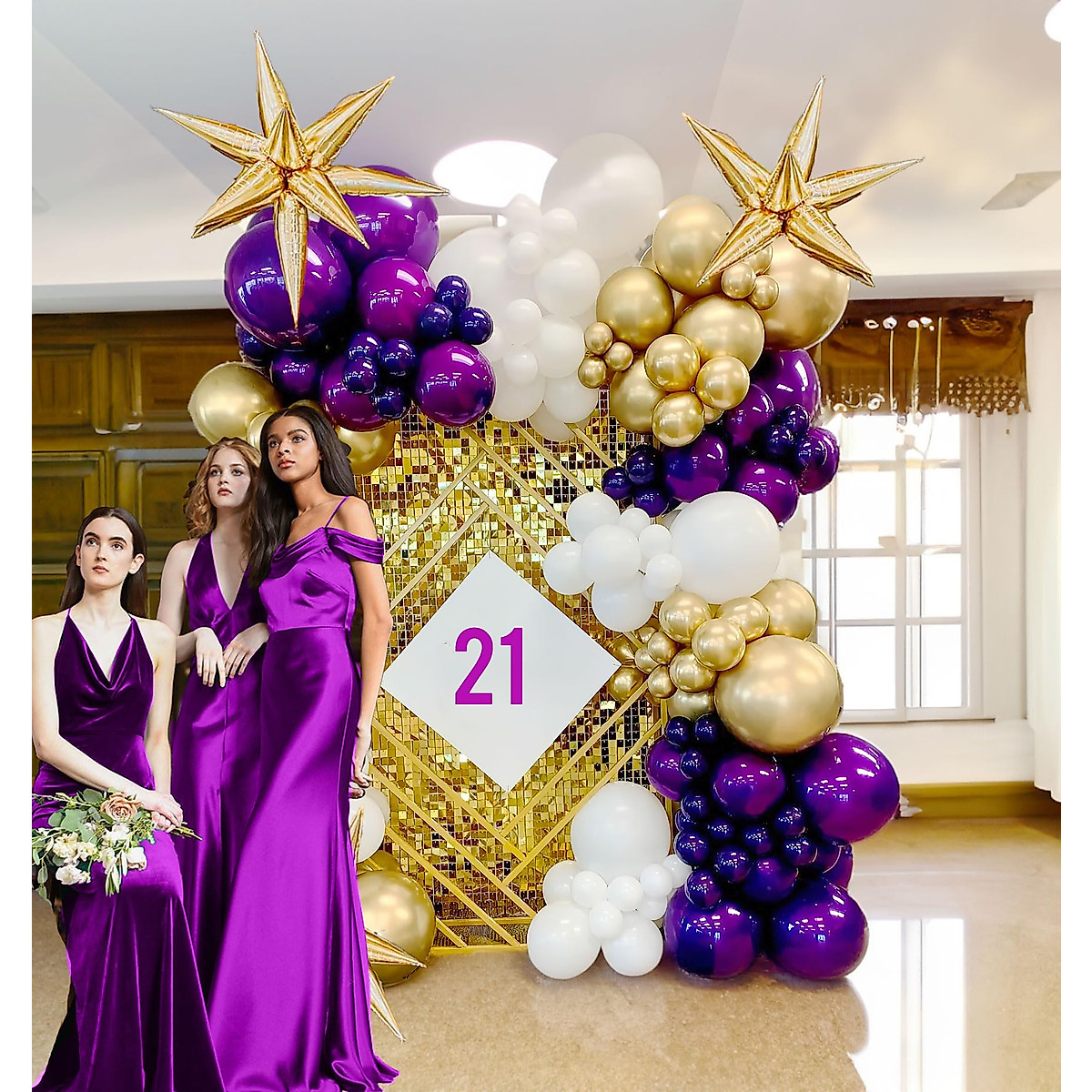 Royal Purple and Gold balloon Garland Arch Kit 140Pcs double stuffed chrome Royal Purple & Starburst balloons for Girl 15/16th Birthday decorations women retirement Graduation Prom supplies