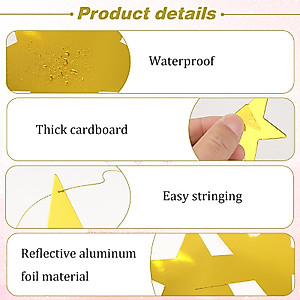24pcs Gold Cardboard Stars Glitter Star Cutouts Paper Stars Decorations Star Wall Decor Confetti Cutouts for Valentine's Day Movie Night Party Decoration, 4 Sizes and 50m/54.68 yd Nylon Gold Line