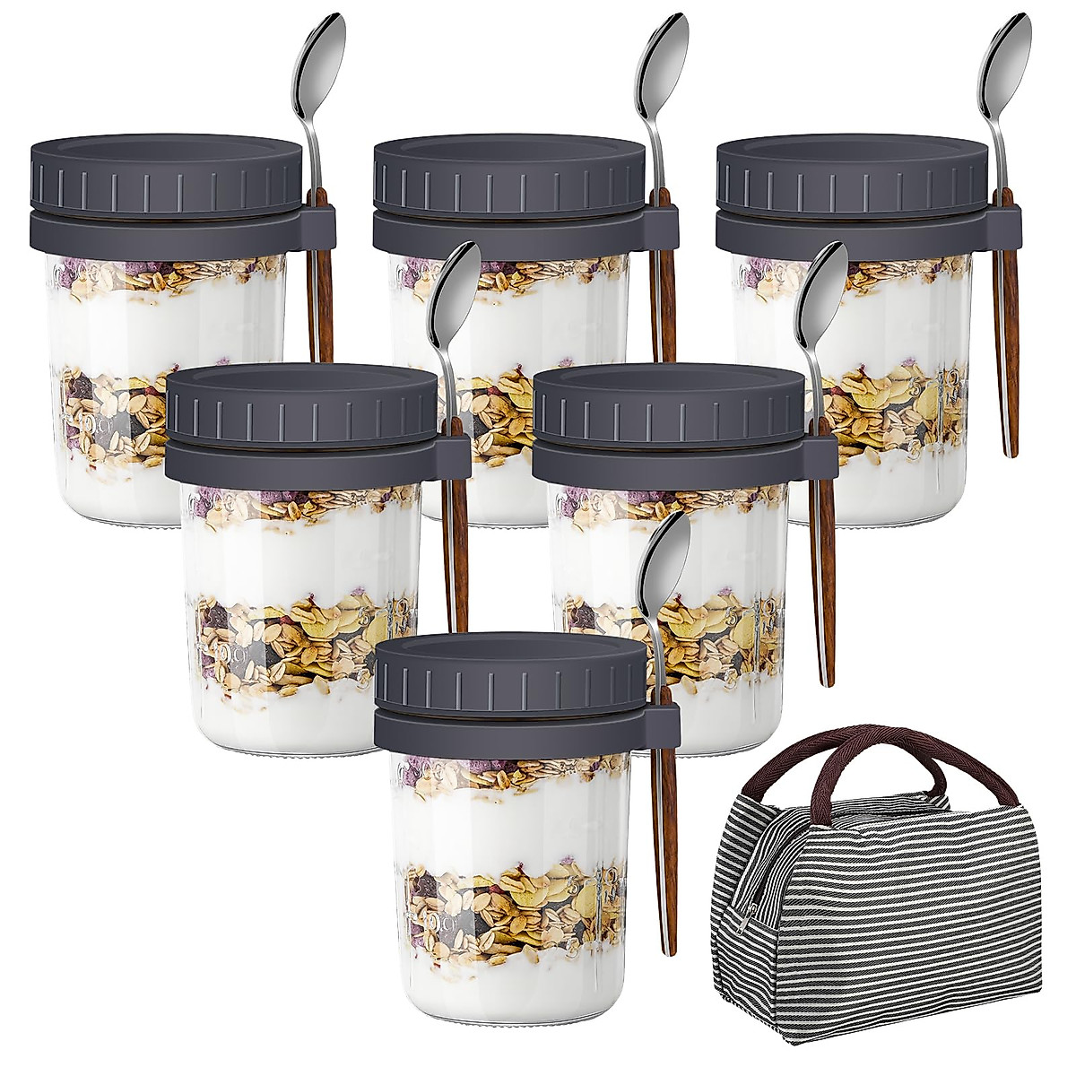 Tanlade Set of 6 Glass Overnight Oat Containers Plus Bag Airtight 10oz Oats Jars with Lid and Spoon Meal Prep Reusable on the Go Wide Mouth Mason Jars for Oats Milk Vegetable Fruit Salad (Grey)