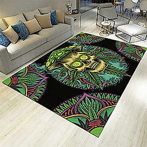 LGGQQW Trippy Weed Psychedelic Mushroom Skull Area Rug Hippie Green Plants Carpet for Bedroom Living Room Decor