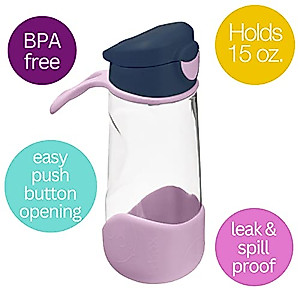 b.box Sport Spout Drink Bottle with Flip Top Lid, Durable Water Bottle for Kids, Leak-Proof, 15oz, Indigo Rose