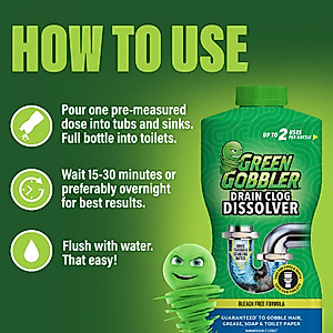 Green Gobbler Liquid Hair Drain Clog Remover & Cleaner, For Toilets, Sinks, Tubs - Septic Safe, 2 Pack