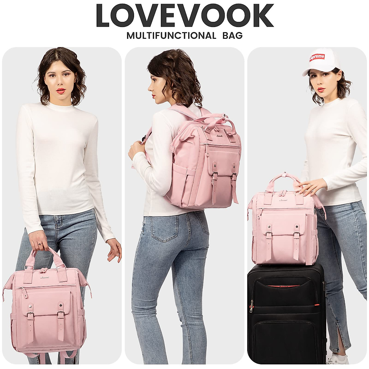 LOVEVOOK Laptop Backpack for Women Work Travel Commuter Backpack College Business Computer Bag Teacher Doctor Nurse Bags Laptop Bag Purse, 15.6 Inch, Pink-pink
