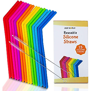 15 FITS ALL TUMBLERS STRAWS - Reusable Silicone Straws for 30 and 20 oz Yeti - Flexible Easy to Clean + 2 Cleaning Brushes - BPA Free, No Rubber Taste Drinking - Best Value for Money Pack