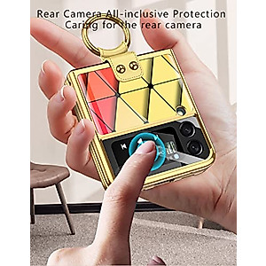 SHIEID Samsung Z Flip 4 Case, Z Flip 4 Case with Ring Phone Case, Electroplating Color Painting Tempered Glass Protective Cover for Samsung Galaxy Z Flip 4 5G, Rhombus Yellow