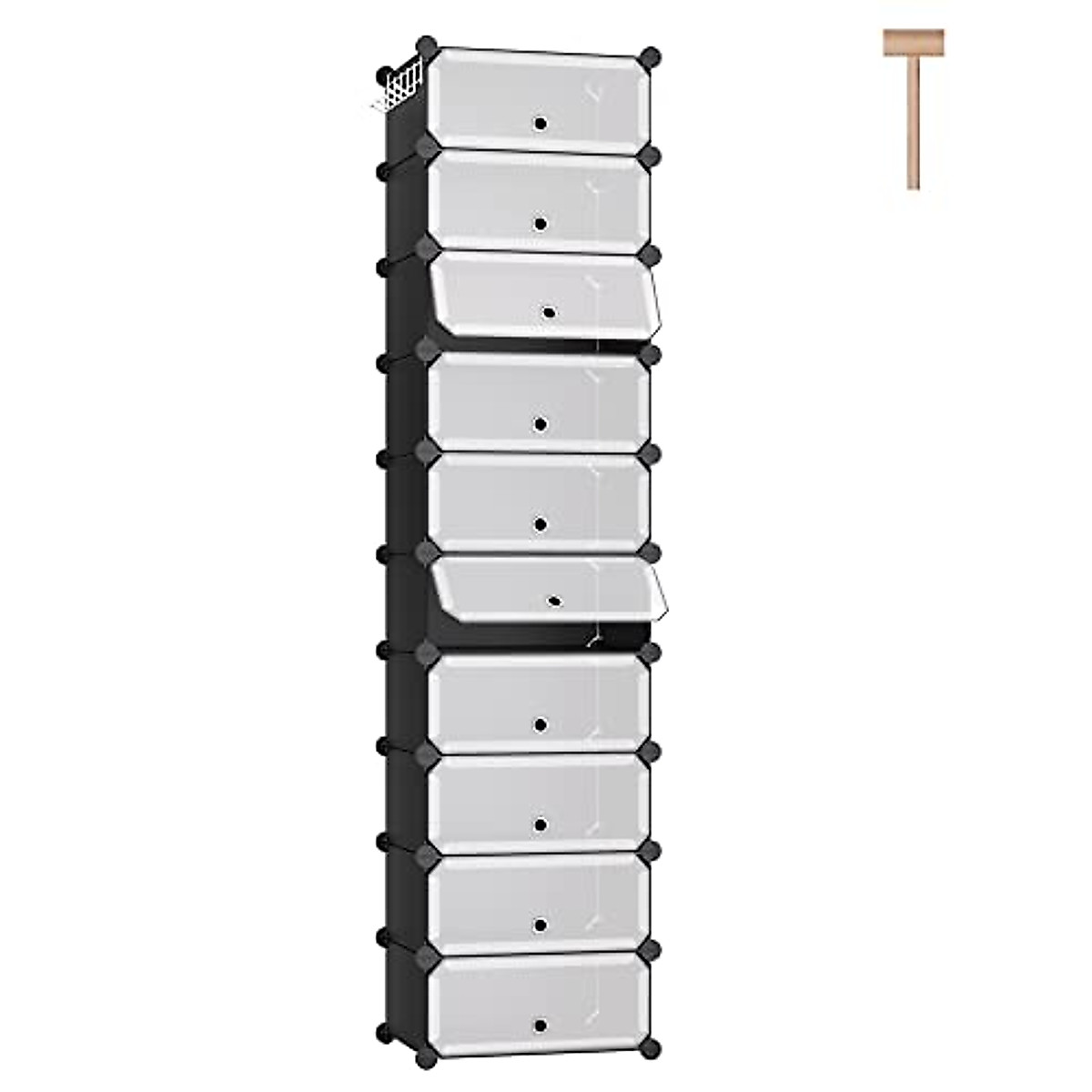 DINMO 10-Tier Shoe Rack with Doors for Entryway, 20 Pairs, Portable Plastic Cubby Shoe Shelves Organizer Unit, DIY Shoe Cabinet, Black