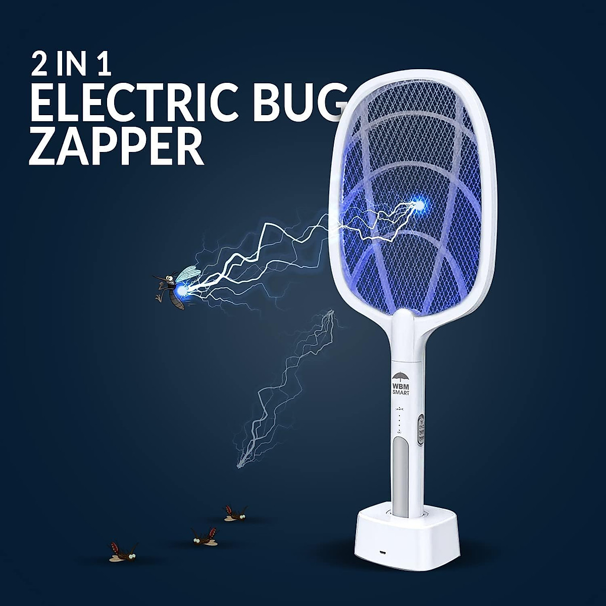 WBM SMART 2 in 1 Electric Bug Zapper, Mosquitoes Trap Lamp & Racket, USB Rechargeable Electric Fly Swatter for Home and Outdoor Powerful Grid 3-Layer Safety Mesh Safe to Touch