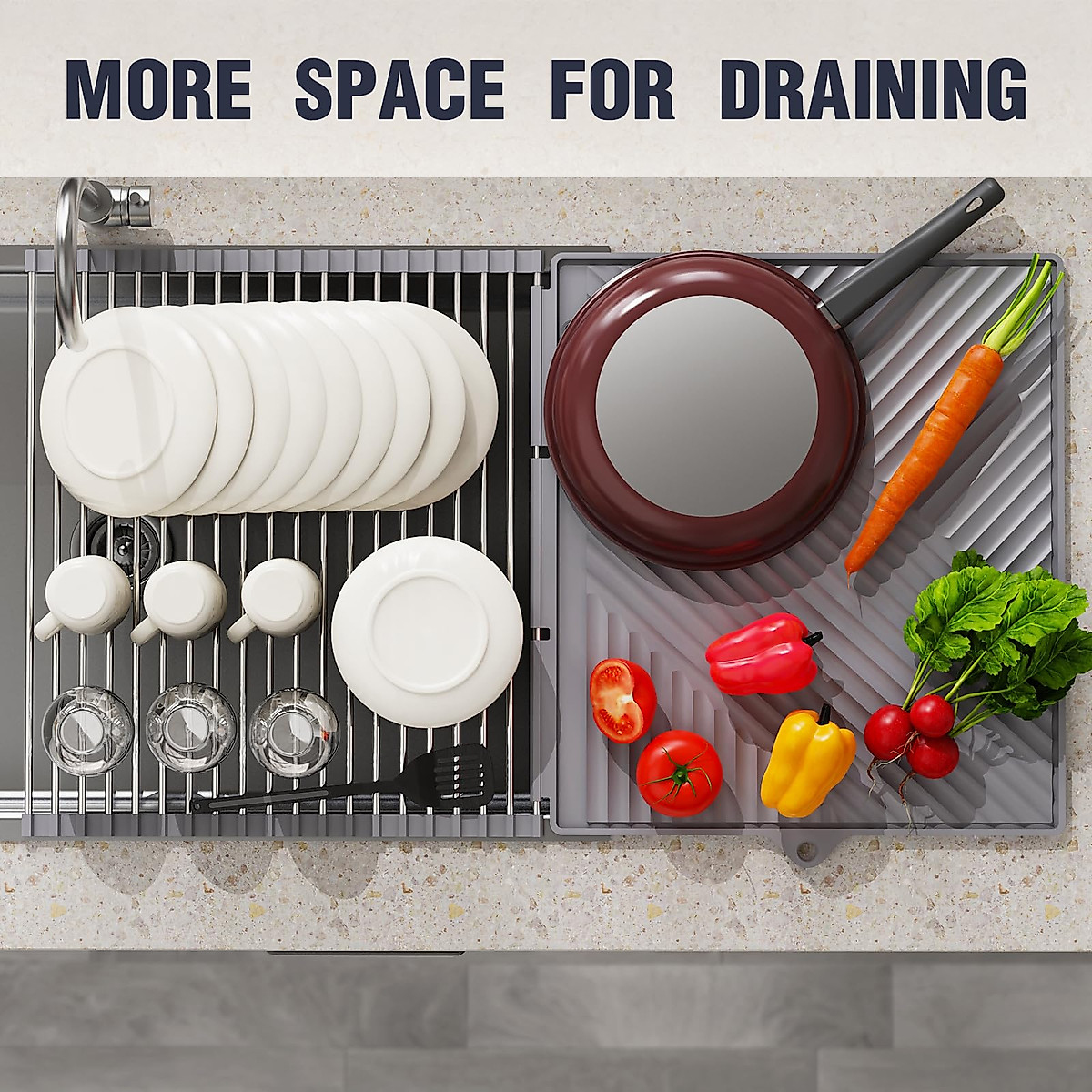 NiHome Two-in-One Roll Up Dish & Utensil Drying Rack with Silicone Mat, Heat-Proof Anti-Slip Design with Patented Drainage - Space-Saving, Dishwasher Safe & Efficient Kitchen Organizer for Countertop