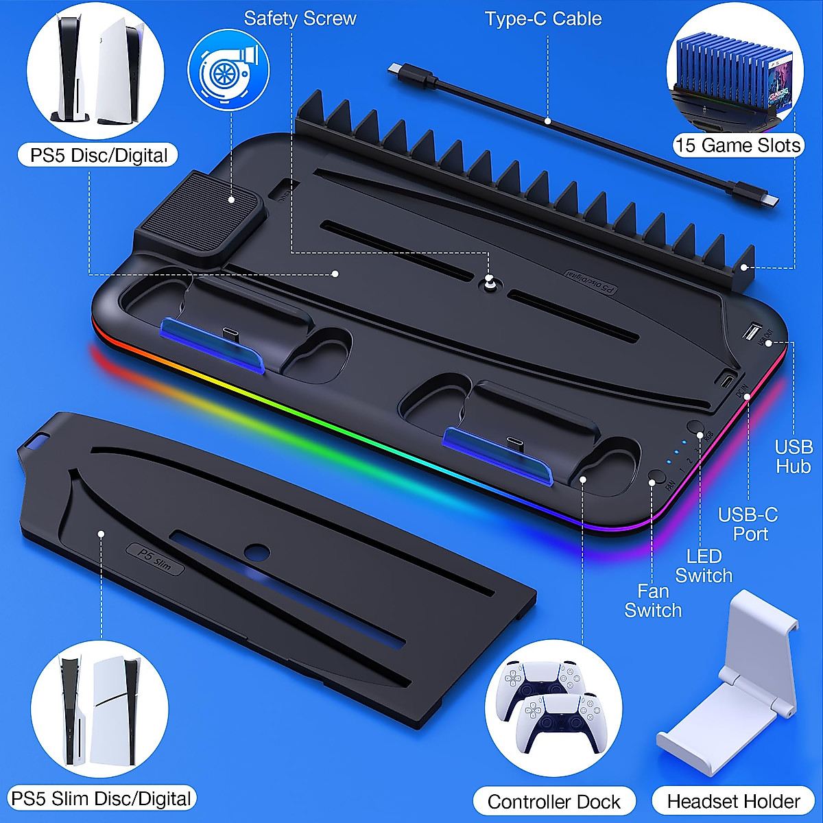 PS5 Stand, PS5 Slim Stand with Cooling Station and Controller Charging Station for PS5 Slim Console Disc/Digital, PS5 Accessories-Cooling Fan, RGB LED, Headset Holder, 15 Game Slot for Playstation 5