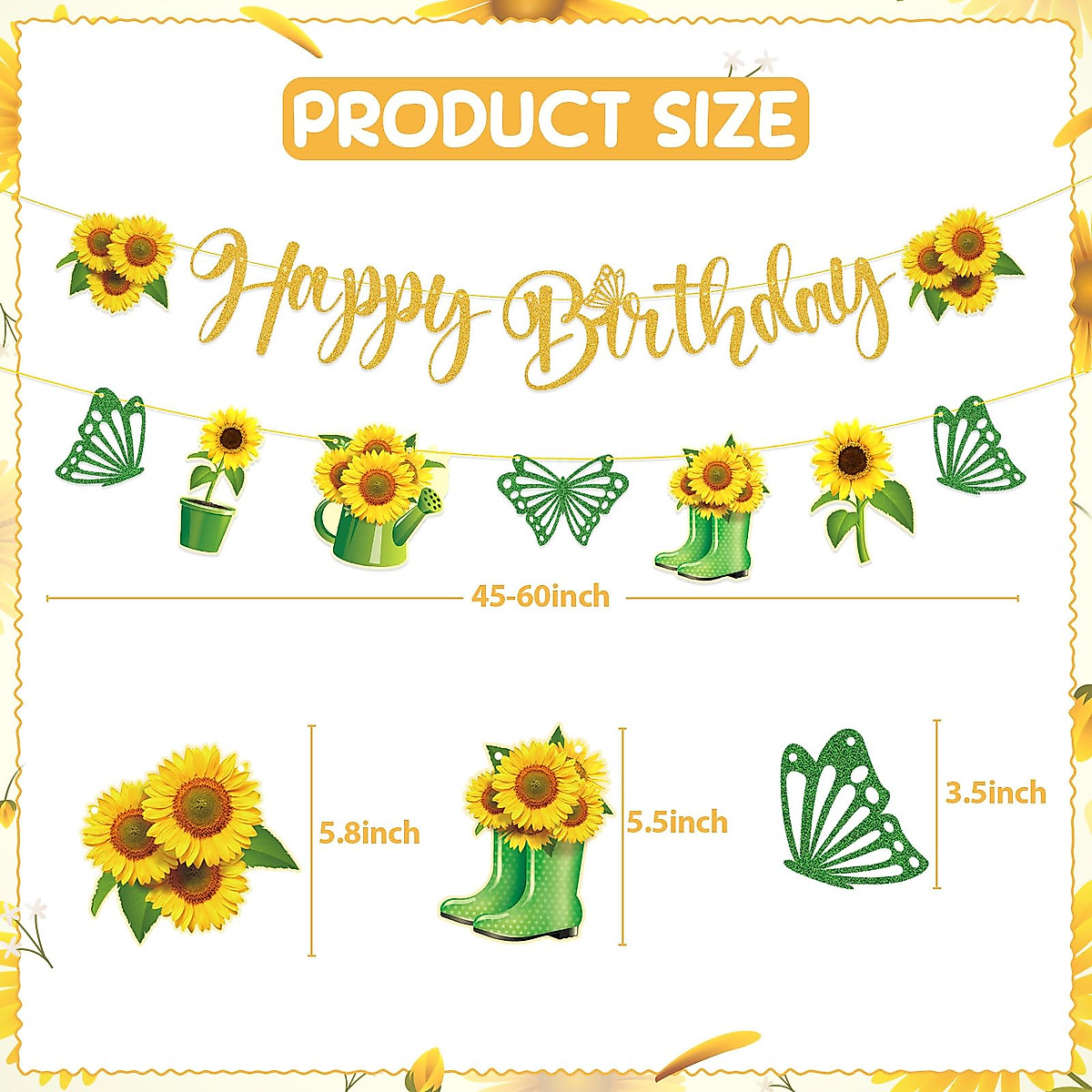 QAMEGX Sunflower Birthday Party Decorations- 2Pcs Rustic Sunflower Bunting Banner with Glitter Butterfly Sun Flower Happy Birthday Banner for Wedding Engagement Bridal Baby Shower Anniversary Graduation Party Supplies