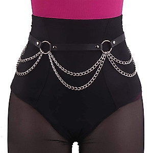 Reetan Punk Leather Body Chains Black Waist Chain Layered Nightclub Ring Belt Belly Chains Rave Party Body Jewelry Accessories for Women and Girls (A)