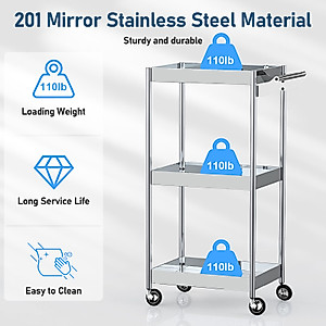 johgee 3 Shelf Mirror Stainless Steel Utility Cart, 3 Tier Stainless Steel Cart with Wheels with Handle, Serving Car, Rolling Medical Cart for Salon, Spa, Lab, Dental Clinic, Lab, Hospital