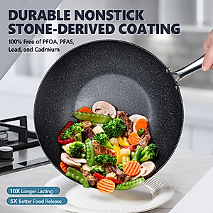 MICHELANGELO Nonstick Wok with Lid, Hard Anodized Wok Pan, Induction Wok 12 Inch, Large Wok Pan with Flat Bottom, Cooking Wok with Steamer Rack & Fry Basket, Woks and Stir Fry Pans - 5 Quart