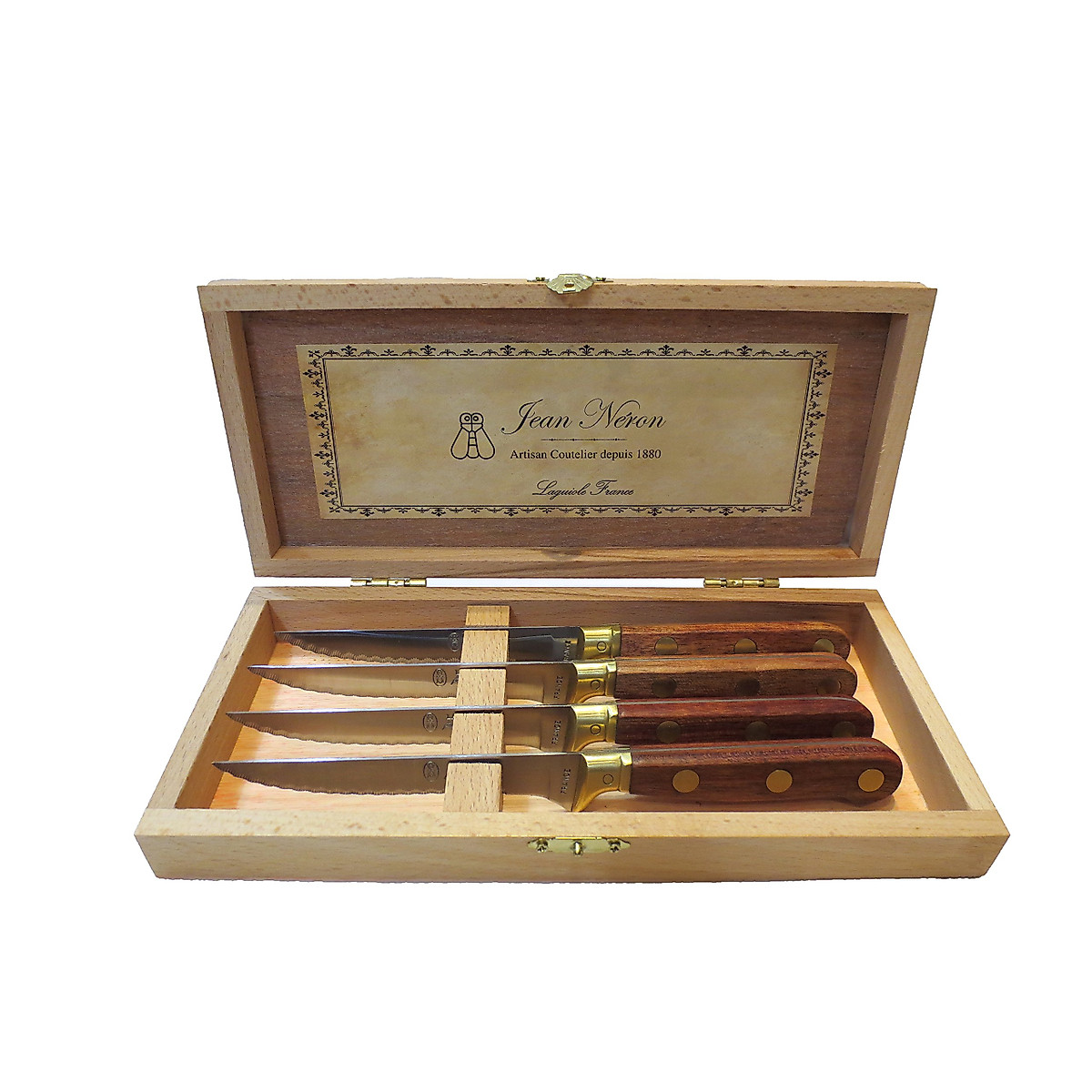 Laguiole France, Jean Neron Set of 4 LaitonKnives with Wooden Handles in Presentation Box