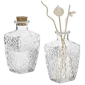 MyGift Diamond-Faceted Apothecary Glass Bottle - Mini Decorative Reed Diffuser Bottles with Cork Lid, Set of 2