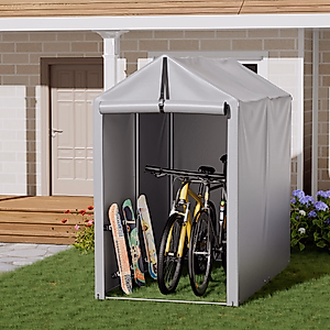 Greesum Outdoor Storage Shed 3 x 6 ft Canopy Portable Shelter Heavy Duty Carport with Roll-up Zipper Door for Bike, Motorcycle, Garden Storage, Waterproof and UV Resistant, Silver
