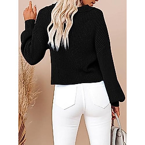 Pink Queen Women's 2023 Fashion V Neck Collared Crop Sweaters Casual Loose Lantern Long Sleeve Half Zip Slouchy Ribbed Knit Jumper Tops Black L