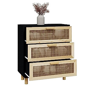 ULUYYUC Sideboard Black 23.6"x11.8"x27.6" Solid Wood Pine and Natural Rattan,Retro Side Cabinet Display Bedside with Storage Function Suitable for Living Room,Dining Room,Entryway,Kitchen
