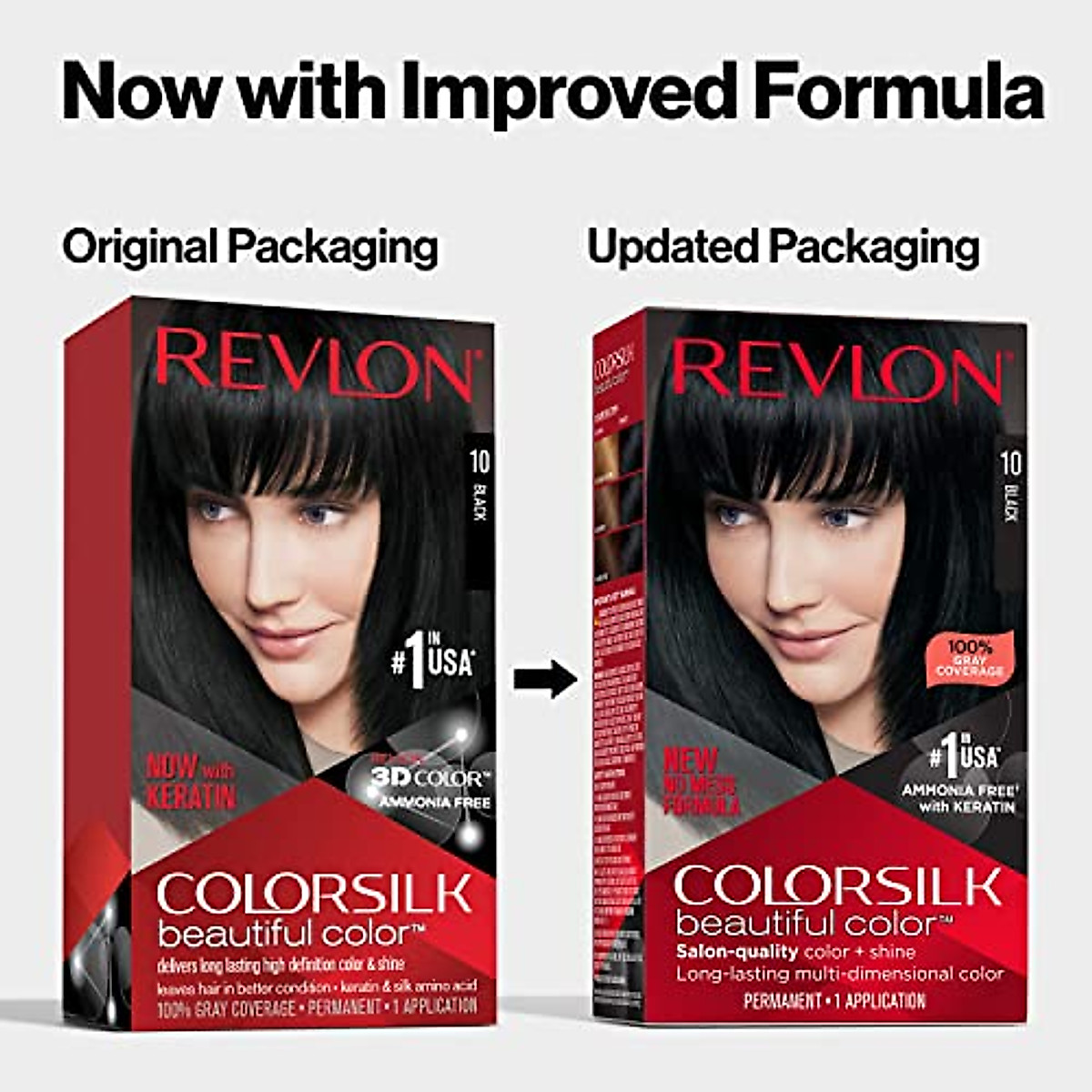 Permanent Hair Color by Revlon, Permanent Black Hair Dye, Colorsilk with 100% Gray Coverage, Ammonia-Free, Keratin and Amino Acids, Black Shades, 10 Black (Pack of 3)
