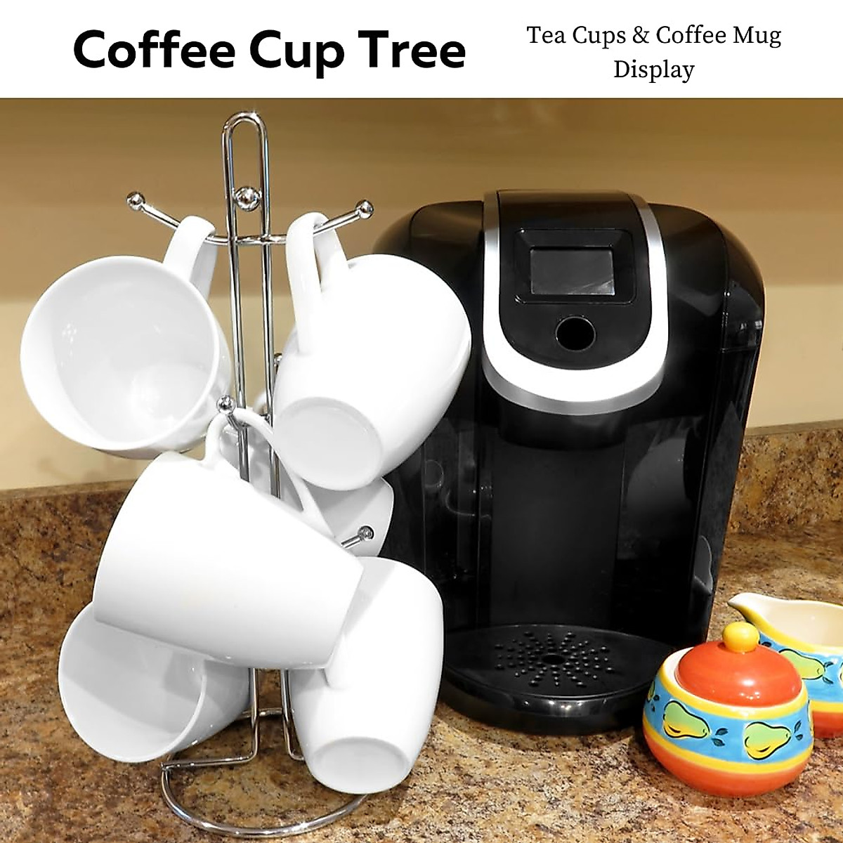 Evelots Countertop Coffee Mug/Teacup Organizer Stand/Rack/Tree-Hooks Hold 6 Large Mugs-Modern Chrome Finish-Coffee Bar Accessory