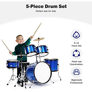 Costzon 16” Kids Drum Set, 5-Piece Full Size Complete Junior Drum Set with Adjustable Throne, Cymbal, Hi-Hat, Pedal & Drumsticks, Beginner Drum Kit with Bass Snare Tom Drum, Age 3-12, Blue