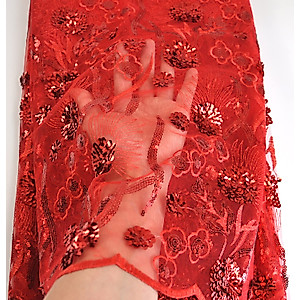 SanVera17 African Fabric 3D Sequins Net Fabrics Nigerian Embroidered Lace Fabric for Party Dress (Red) 5 Yards