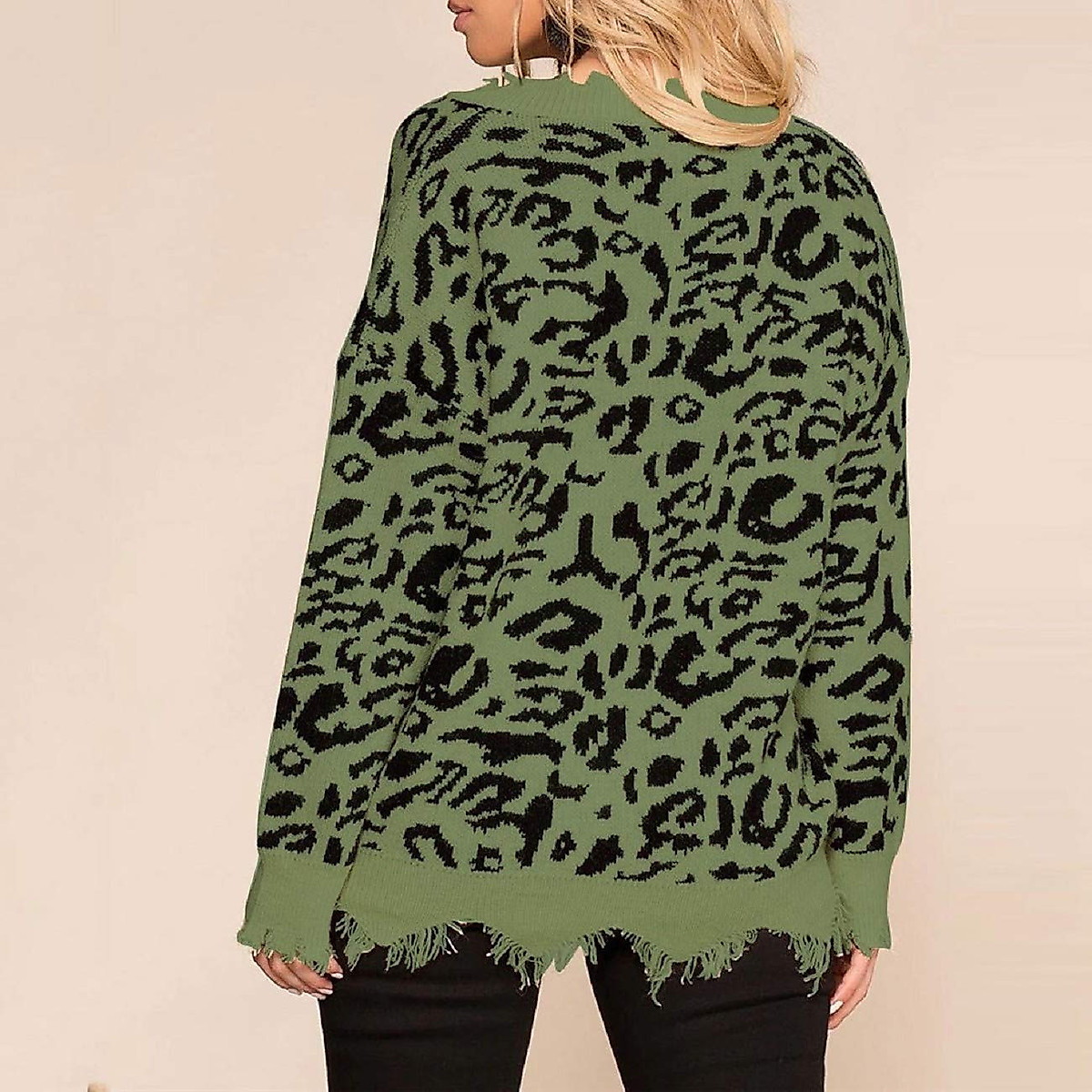 FAPIZI Women's Fashion Leopard Print Off Shoulder Ripped Sweater V Neck Long Sleeve Distressed Knit Pullover Jumper Tops