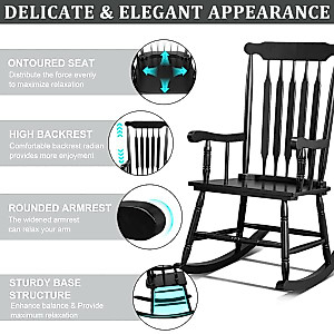 Imseigo Rocking Chair, Solid Wooden Frame, Outdoor & Indoor Windsor Leisure Rocker Chair for Garden, Patio, Balcony,Porch, Bedroom,Living Room (Black, 1)