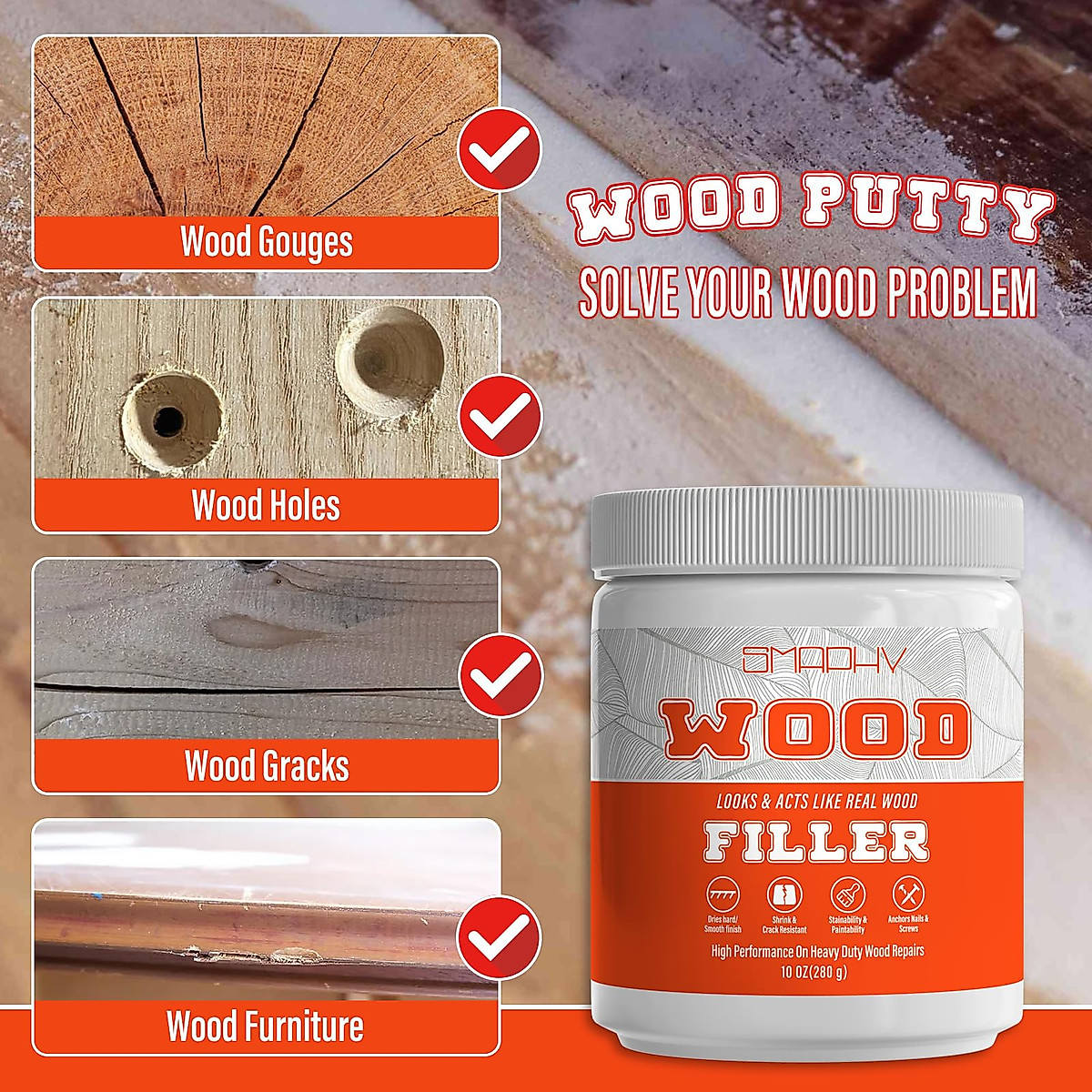 SMAPHY Wood Putty Filler, White Wood Filler Putty, Wood Filler Paintable, Stainable, Sandable can Quickly Repair Holes, Cracks, Chips and Scorched Areas of Wooden Furniture(9.87 Ounce)
