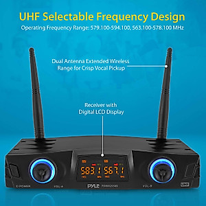 Pyle Compact UHF Wireless Microphone System-Pro Portable Dual Channel Desktop Digital Set w/ 2 Belt-Pack Transmitter, Receiver, 2 Headset, Lavalier Mics, XLR, for Home, PA (PDWM2958B.5)