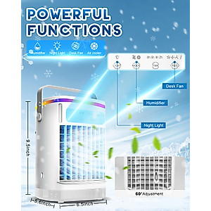 Portable Air Conditioners, 4 Speeds Evaporative Air Cooler Humidifier 600ML Waterbox Mini Air Conditioner, 2/4/6H Timer, 2 Misting Modes and LED Light, Perfect for Home Office Bedroom Camping